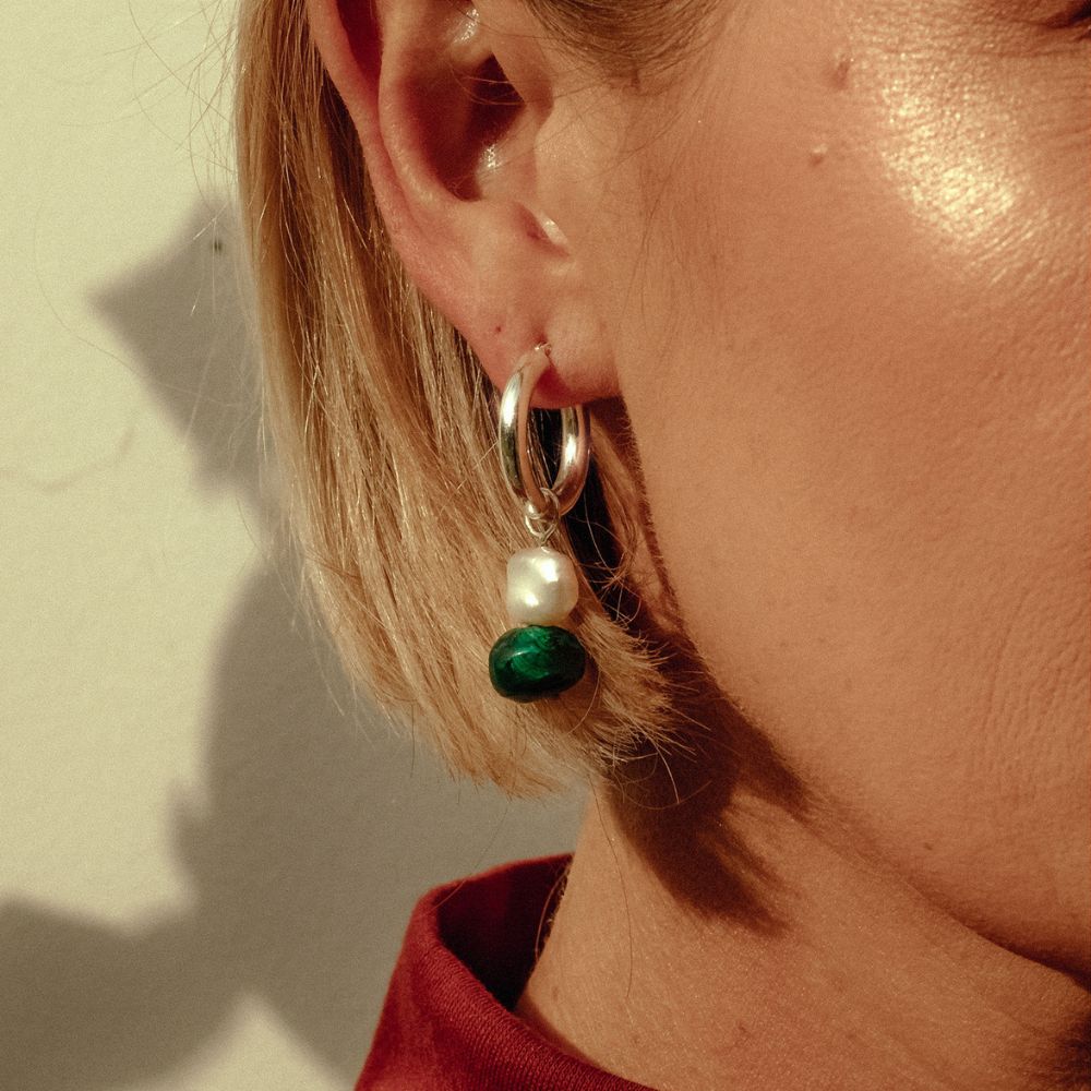 Pearl and Antique Green Stone Charms – Per Pair – Olive Coral