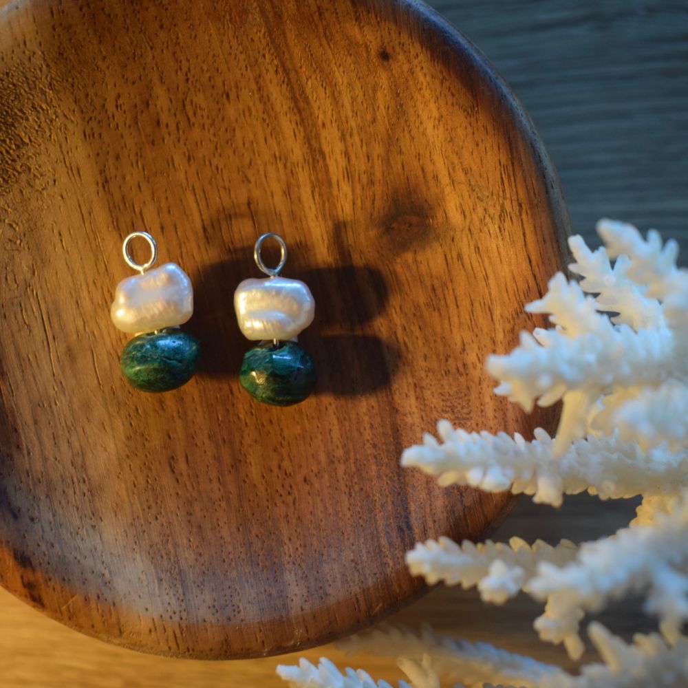 Pearl and Antique Green Stone Charms – Per Pair – Olive Coral